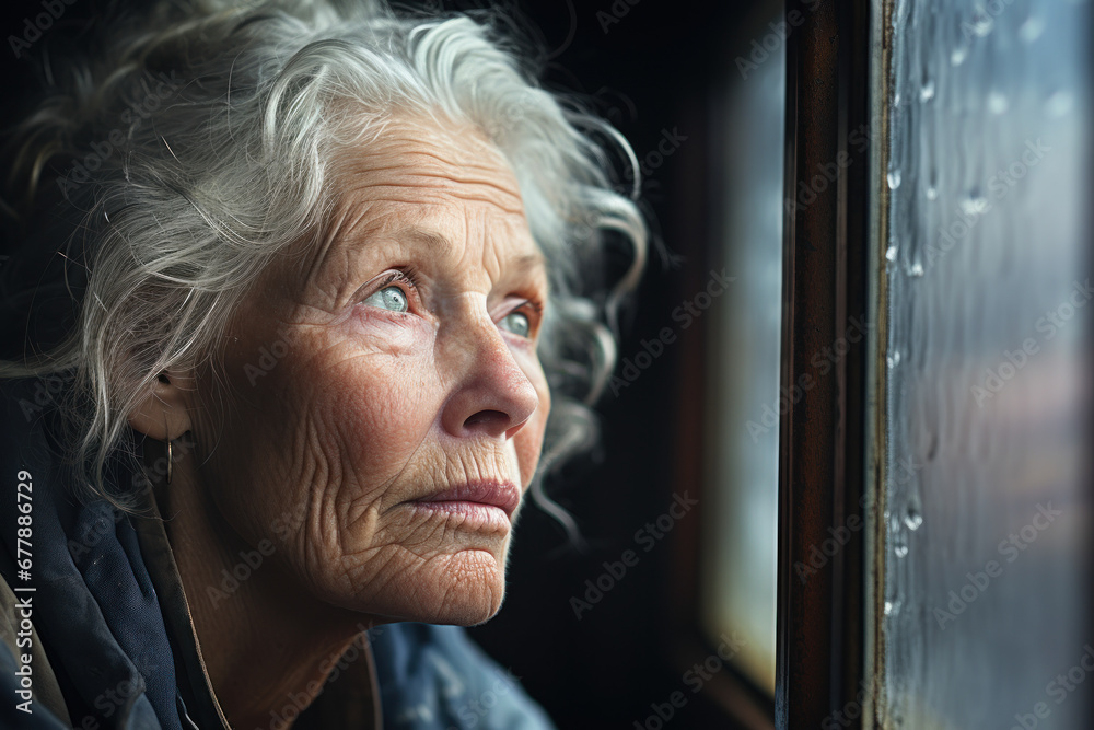 An elderly woman gazing out of a rain-streaked window with a somber ...