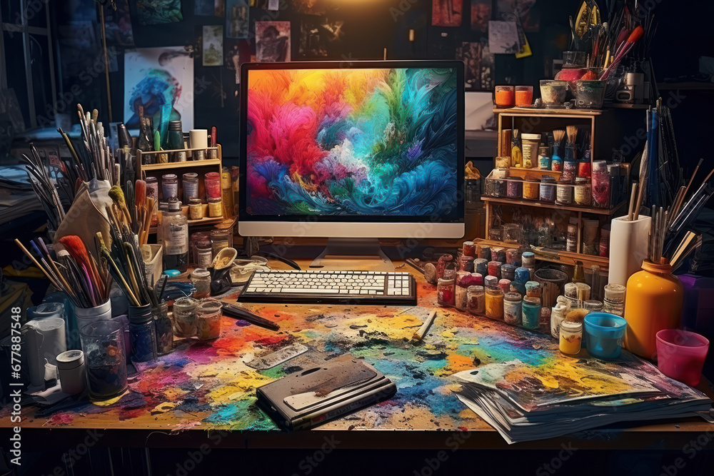 An artist's studio filled with vibrant paints and canvases in various ...