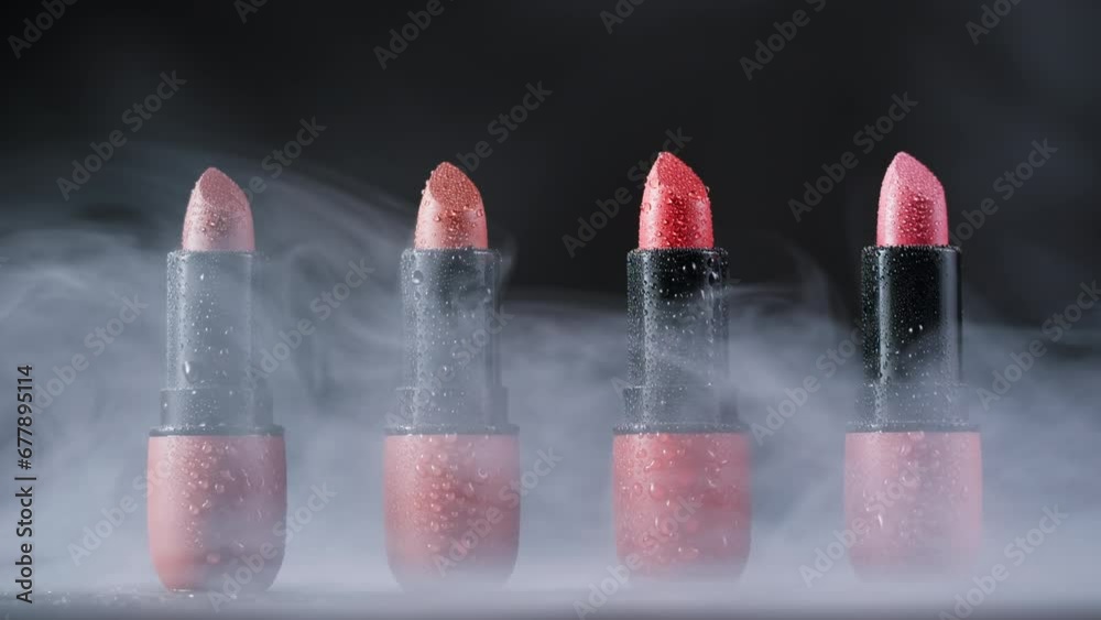 Red lipsticks make up close up black background with smoke and water ...