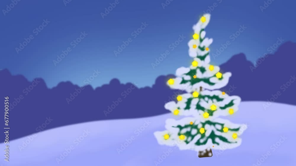 Endless repeating animated background with Christmas tree on snowy ...