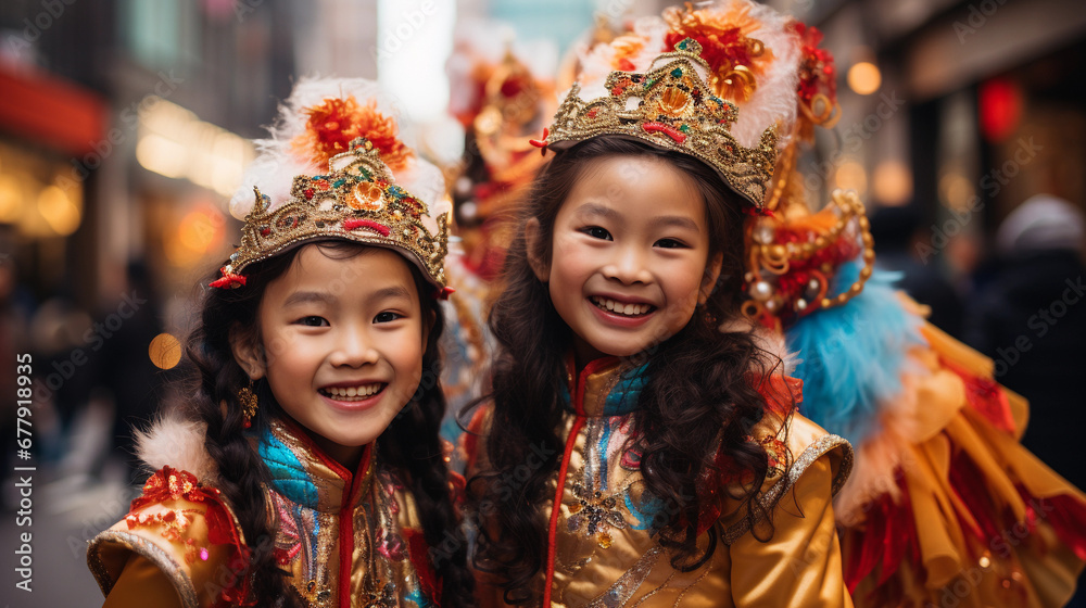 Young Chinese girls smiling during the celebration of the Chinese New ...