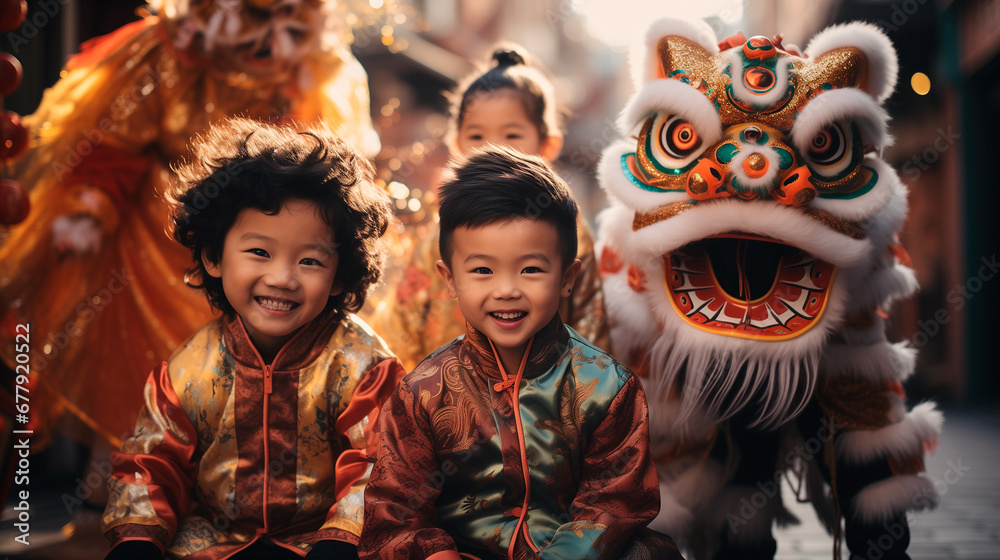 Chinese boy and girl with chinese dragon colorful celebrating the ...
