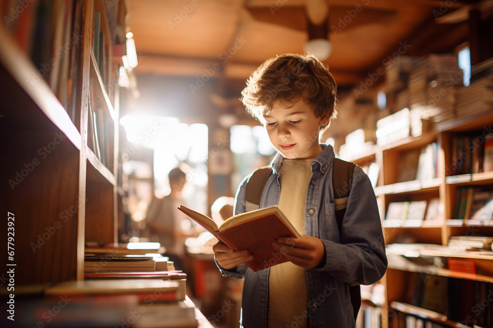 Ten year old boy choosing a book in a bookstore. Young boy looking ...