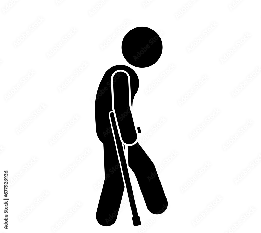 stick figure vector illustration and pictogram of injury with crutches ...