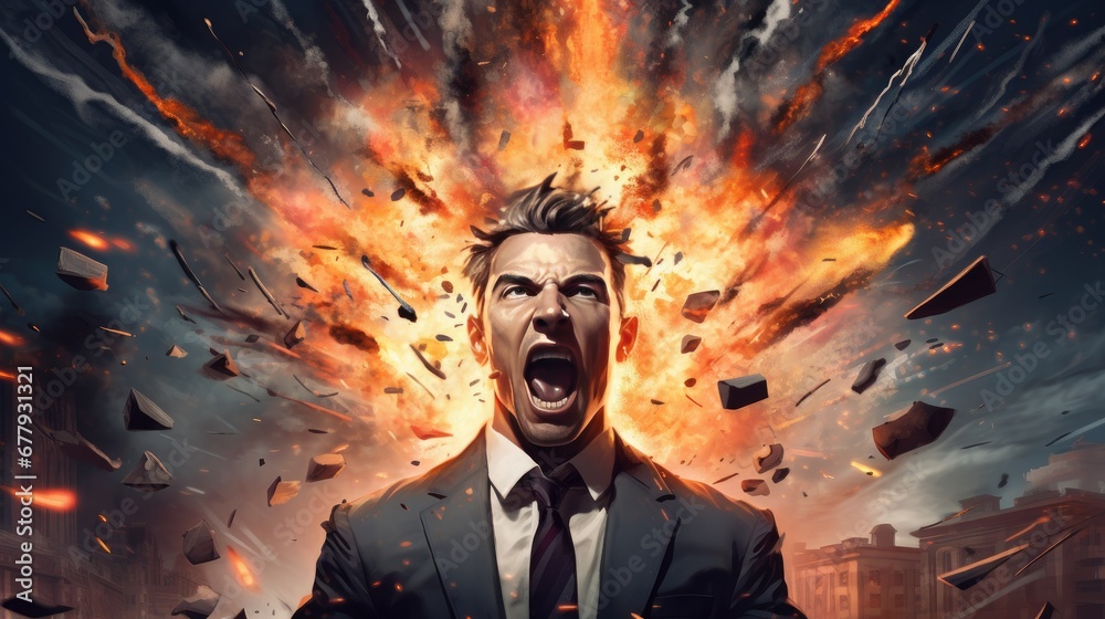 A businessman with a fiery explosion emanating from his head ...