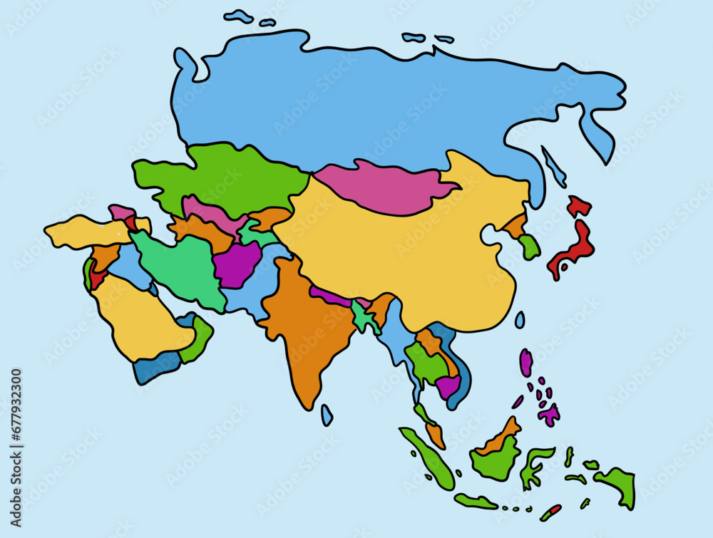 world map of asia, hand drawn illustration cartoon style colorfull ...