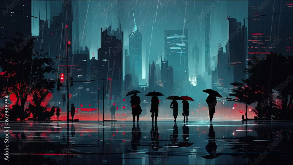 Seamless loop animation. people, mechanic. Standing Rainy Night City ...