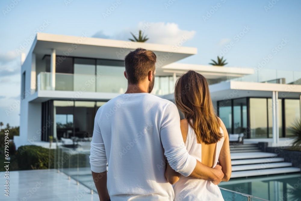 couple embracing in front of new big modern house, outdoor rear view ...