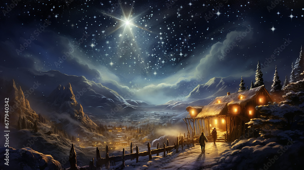 biblical landscape night under the Christmas star, the birth of the ...