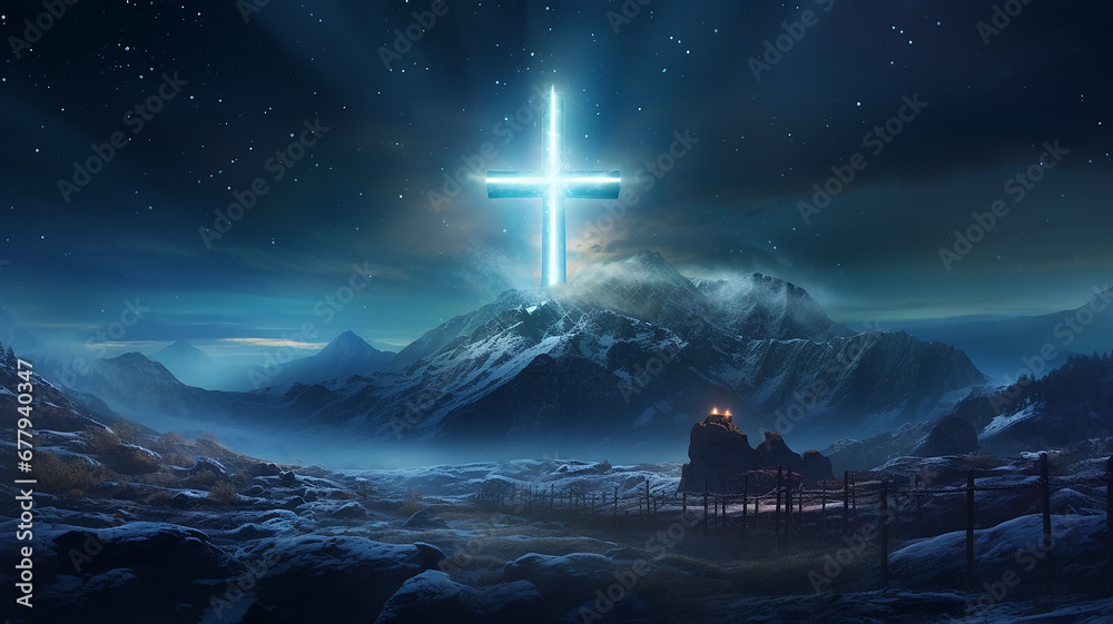 the symbol of the glowing cross in the starry night sky, the biblical ...