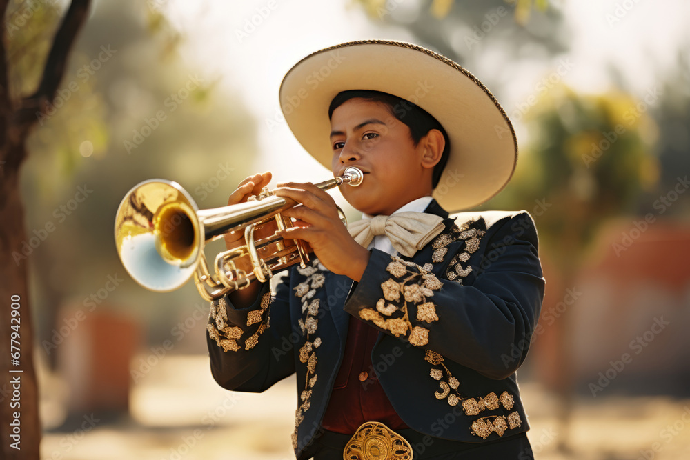 Boy dressed as a mariachi playing the trumpet, Mexican culture, Young ...