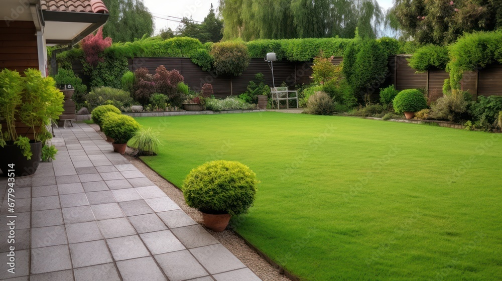 Garden landscape design with pathway intersecting bright green lawns ...
