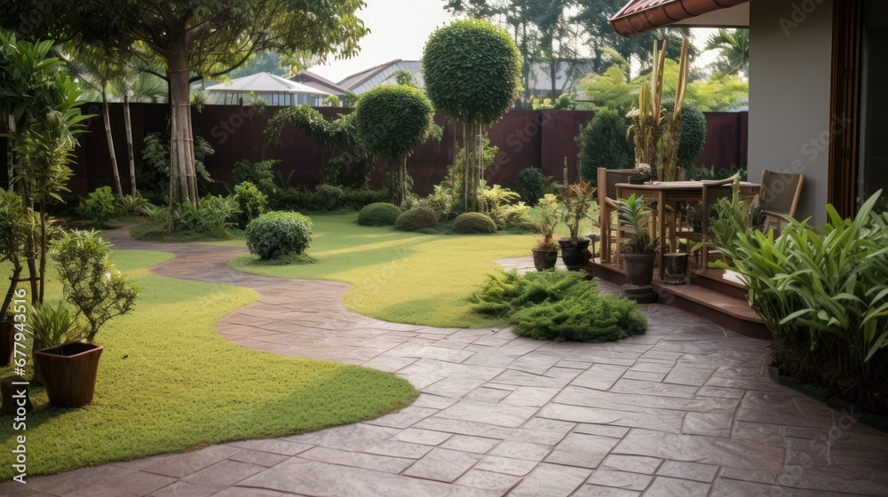 Garden landscape design with pathway intersecting bright green lawns ...