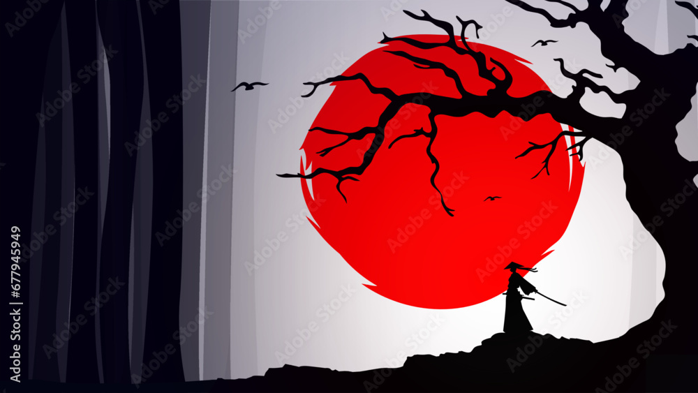 Samurai with red moon wallpaper. red moon. japanese theme wallpaper ...
