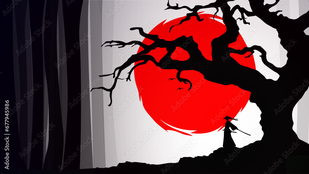 Samurai with red moon wallpaper. red moon. japanese theme wallpaper ...