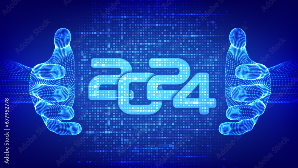 Happy New 2024 Year. Numbers 2024 made with binary code in wireframe hands. Digital binary data ...