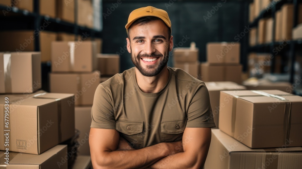 Warehouse worker take boxes in big warehouse factory, logistic service ...