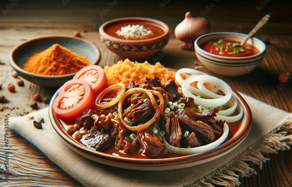 Mexican birria plate with its sauce on the side, portraying delicious ...