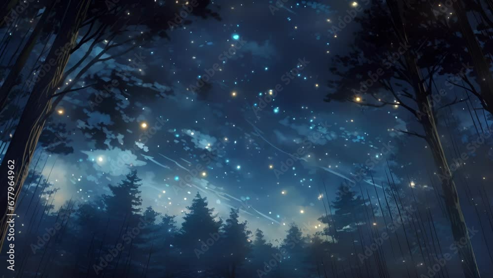 A calm, starry night sky is the backdrop for a peaceful forest, dotted ...