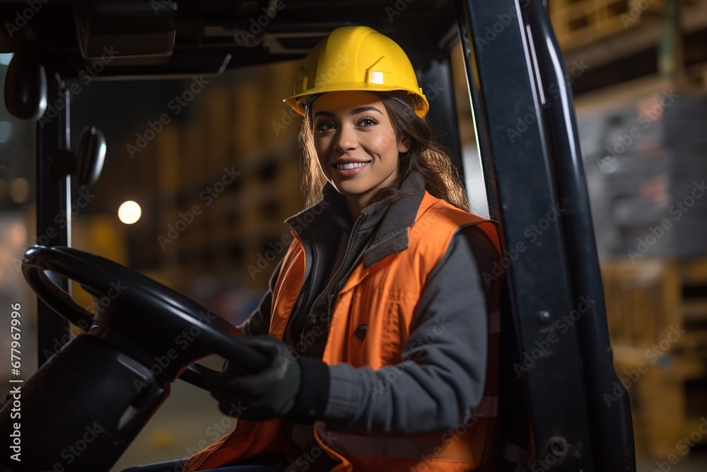 Hispanic woman driving a forklift in a warehouse or industrial factory ...