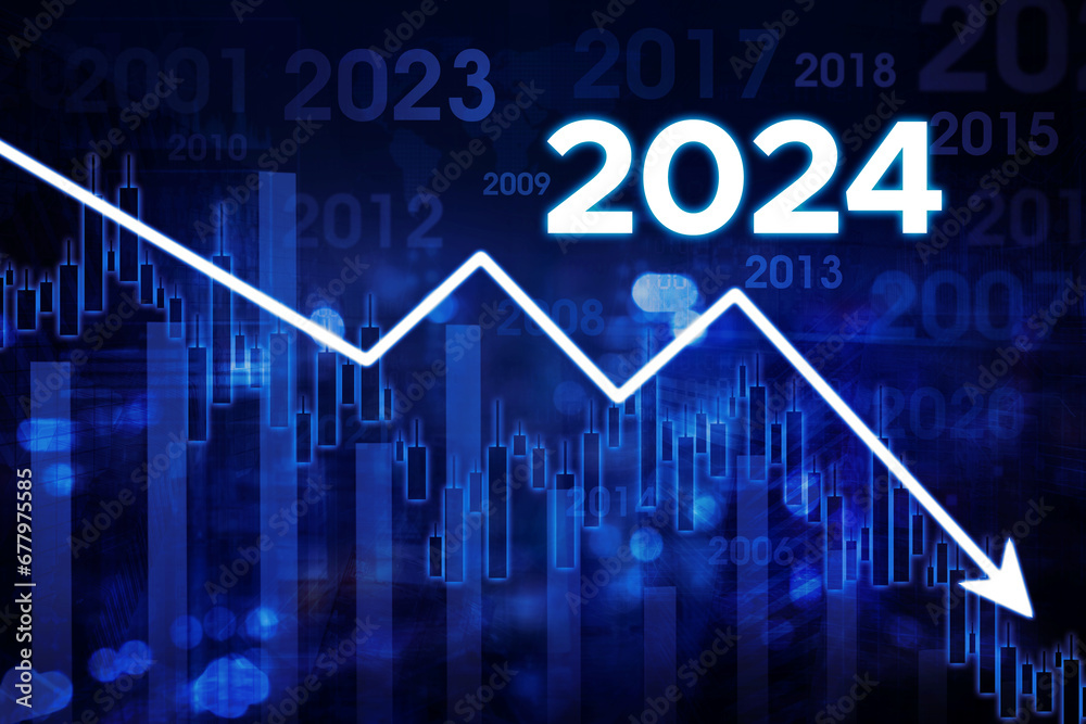 Declining finance arrow with 2024 number and globe in the virtual ...