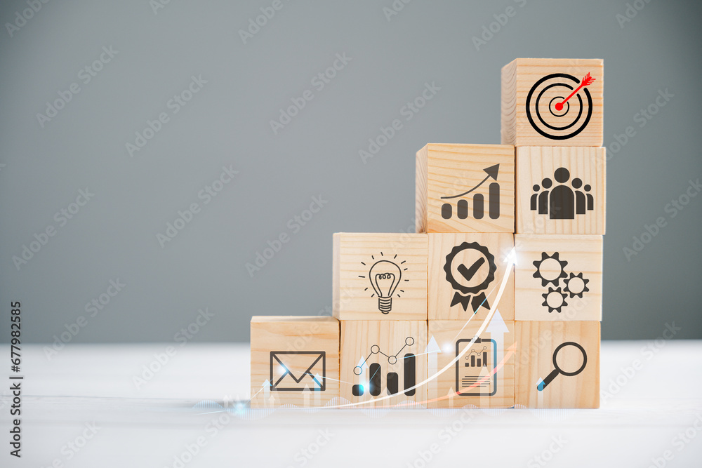 Business target concept with a wooden cube block step. Action Plan and ...