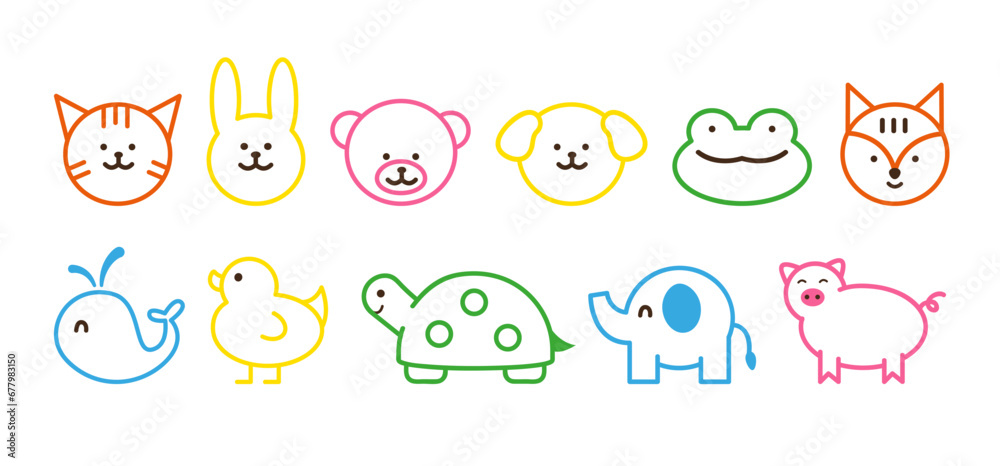 Colorful simple animal faces in doodle style for kids. Cute muzzels and ...