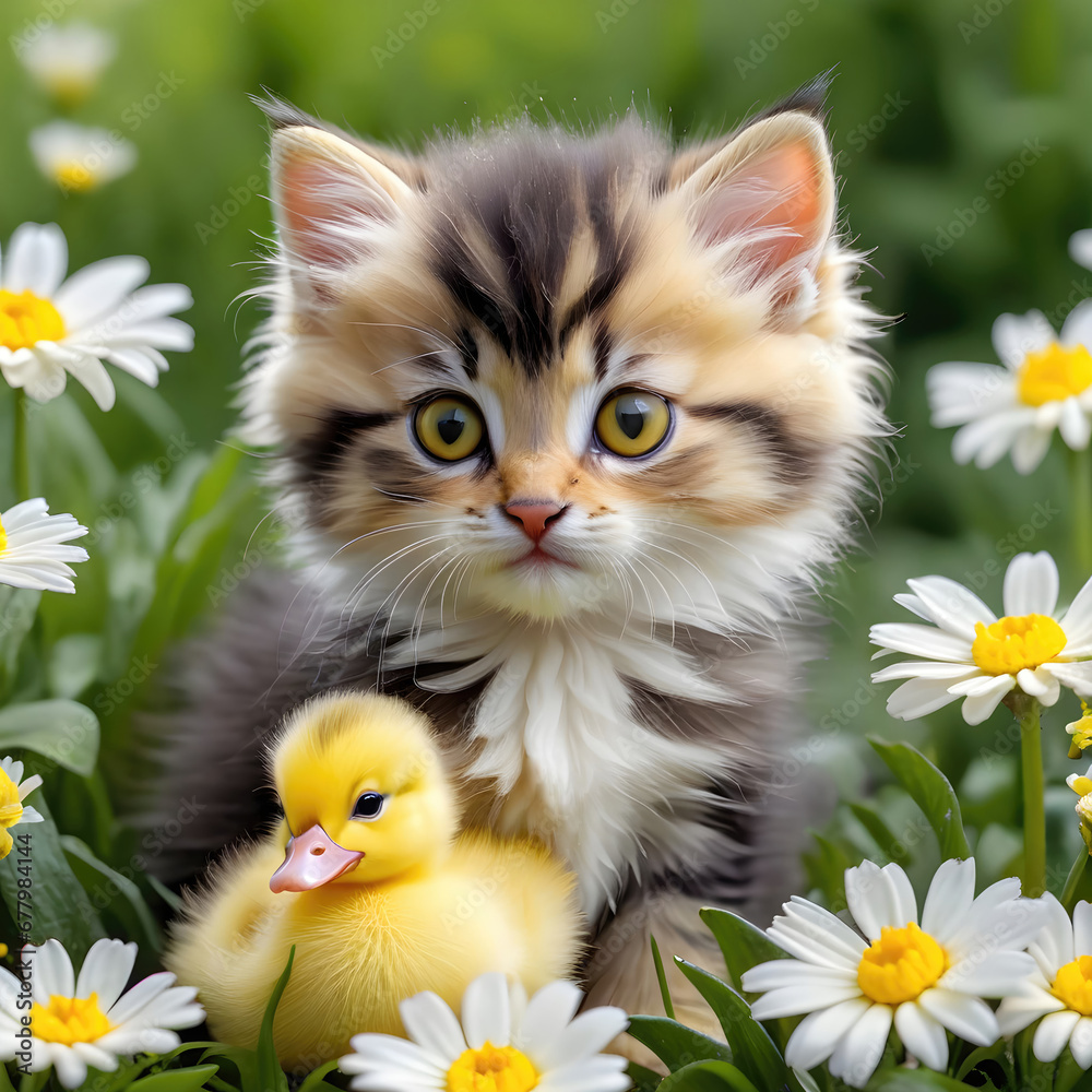 Cute tabby kitten with yellow fuzzy duckling in daisies and grass Stock ...