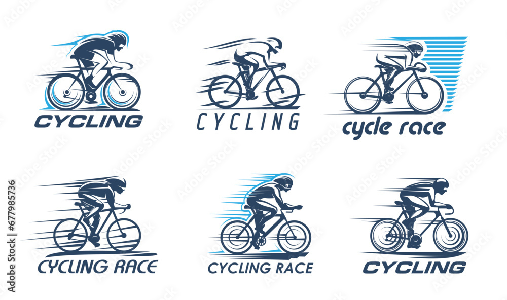 Cycling sport icons with bike racer silhouettes. Road bicycle racing or ...