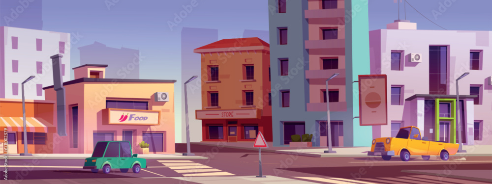 City street intersection with houses and cars. Vector cartoon ...