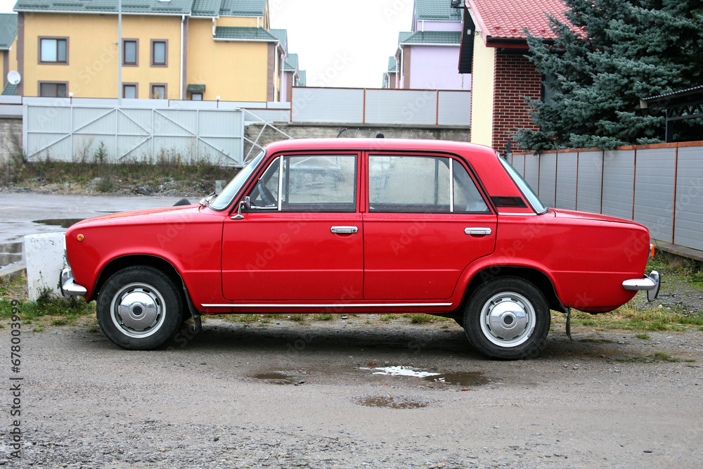 Vinnytsia, Ukraine; November 08, 2023. Old Soviet car red VAZ 2101 ...