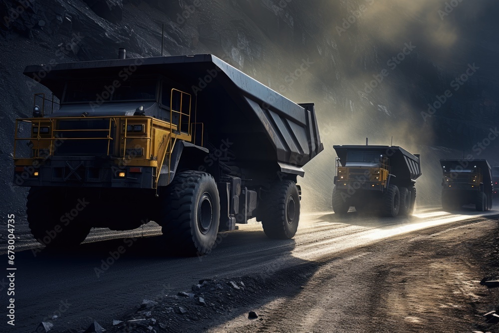 Large trucks loaded with coal pass through the mining area under the ...