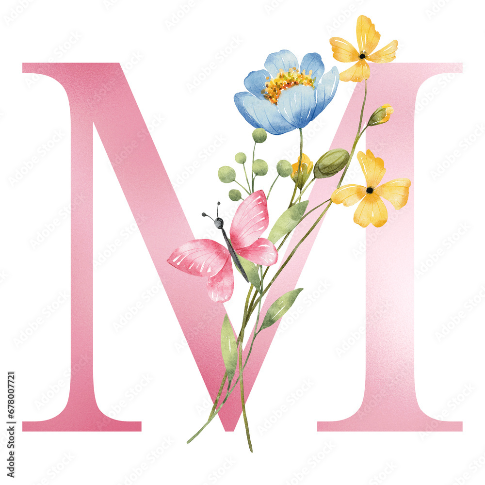 Pink letter M with watercolor flowers and leaves. Floral alphabet ...