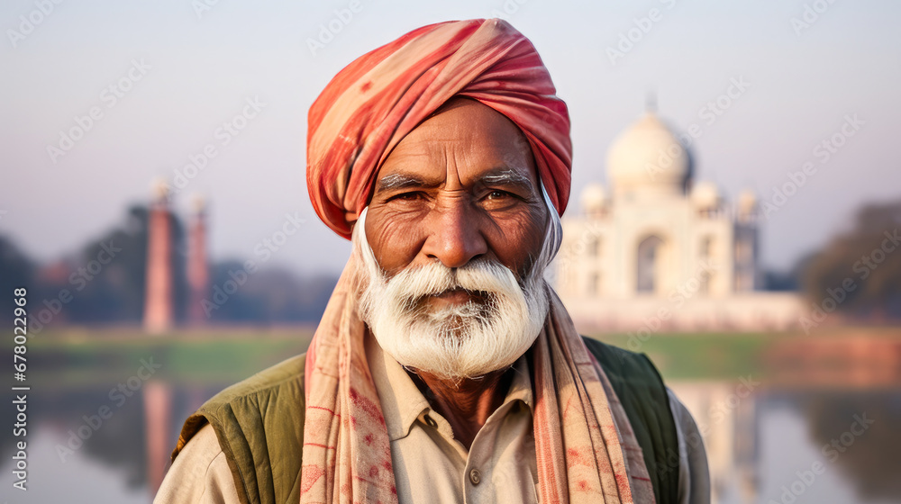 Native indian old man portrait with Taj Mahal background. India ...