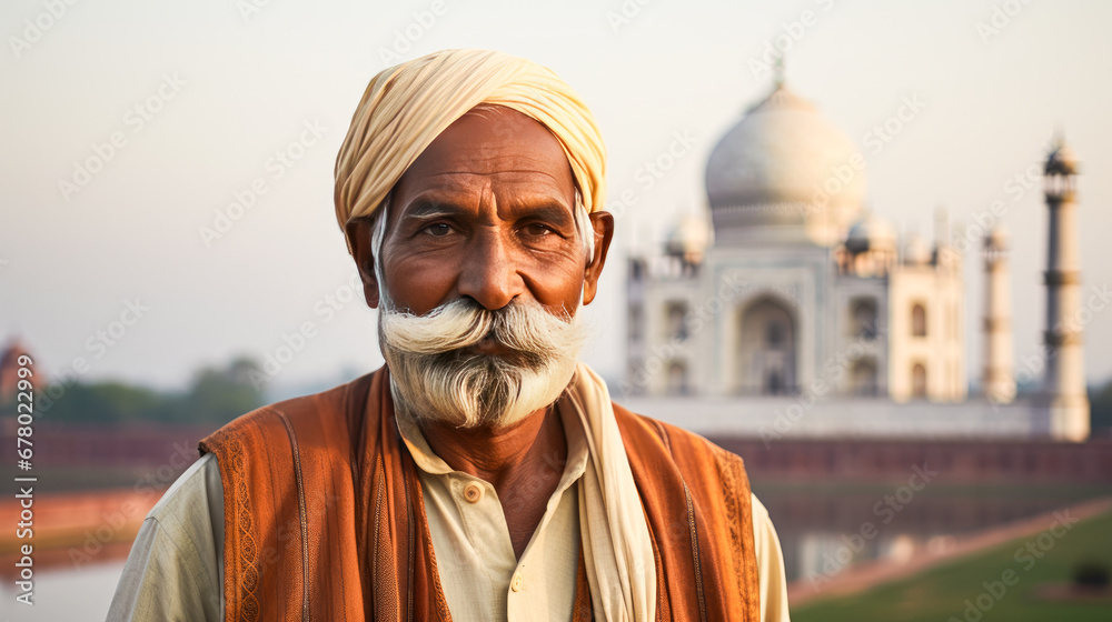 Native indian old man portrait with Taj Mahal background. India ...