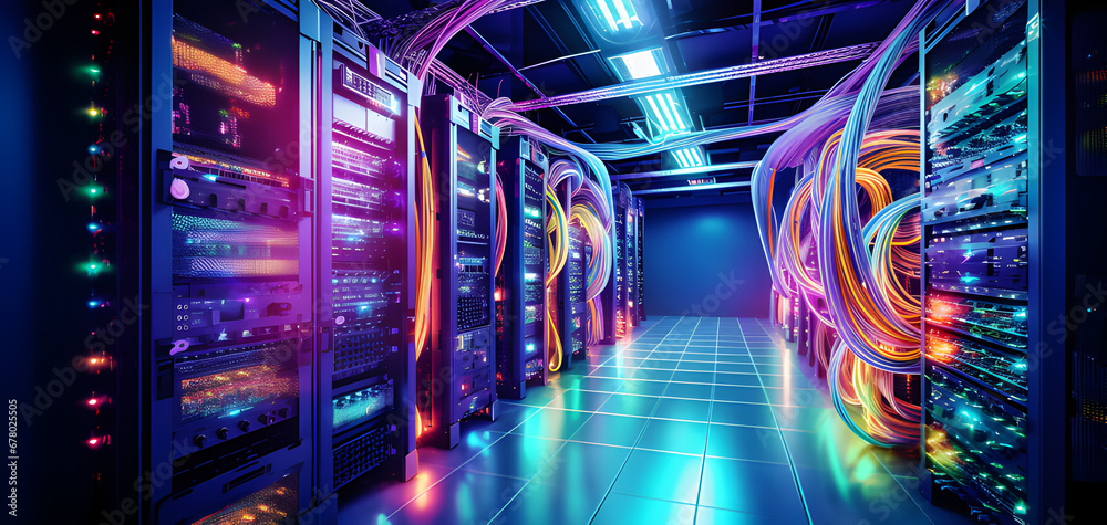 Working Data Center Full of Rack Servers and Supercomputers, Modern ...