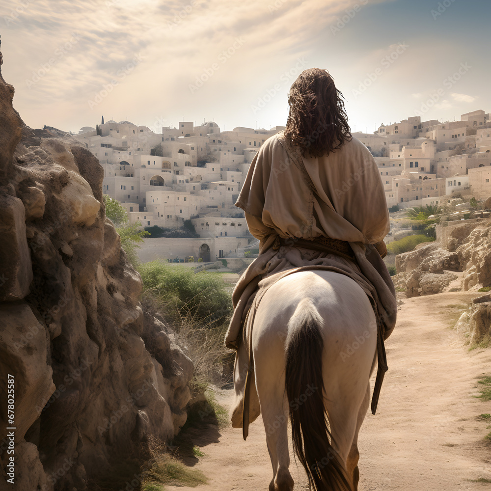 Jesus Christ riding into Jerusalem on a donkey. Generated ai. Stock ...