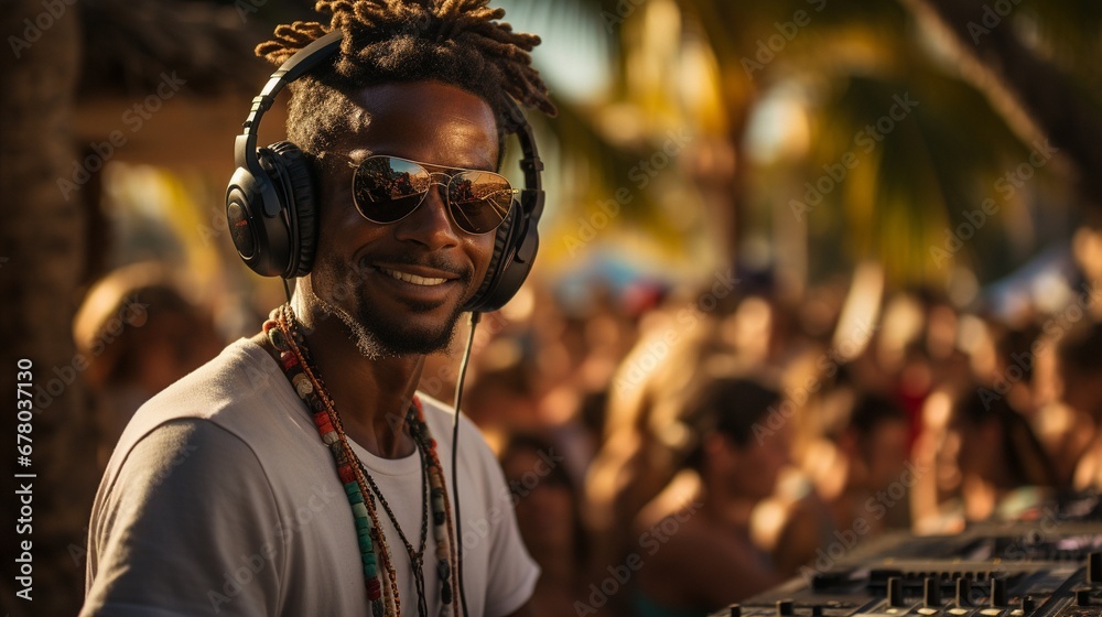On a tropical beach, a dark-skinned DJ performs for a boisterous ...