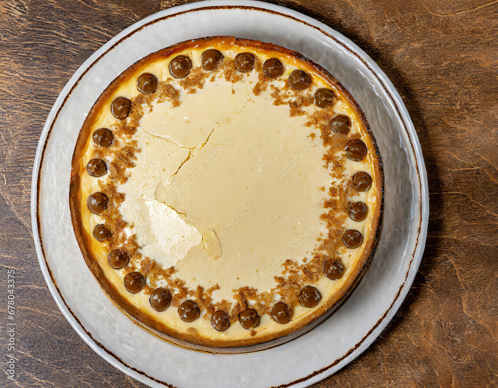 On a dessert platter, a top view of a New York cheesecake reveals its ...