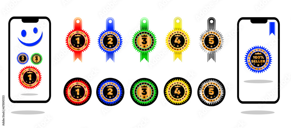 1,2,3,4 or 5 sticker label badges with medal gold and red, blue,yellow ...