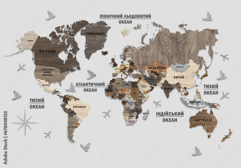 3D world map with the names of all countries and oceans, 3D wood slabs ...
