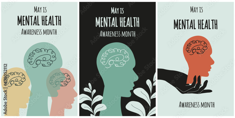 Set trendy retro Mental Health awareness month banner with brain in ...