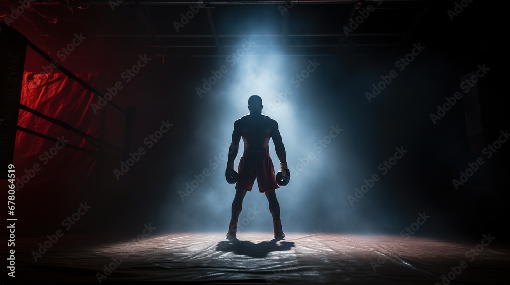 Back view of boxing athlete standing in the boxing ring. Sports and ...