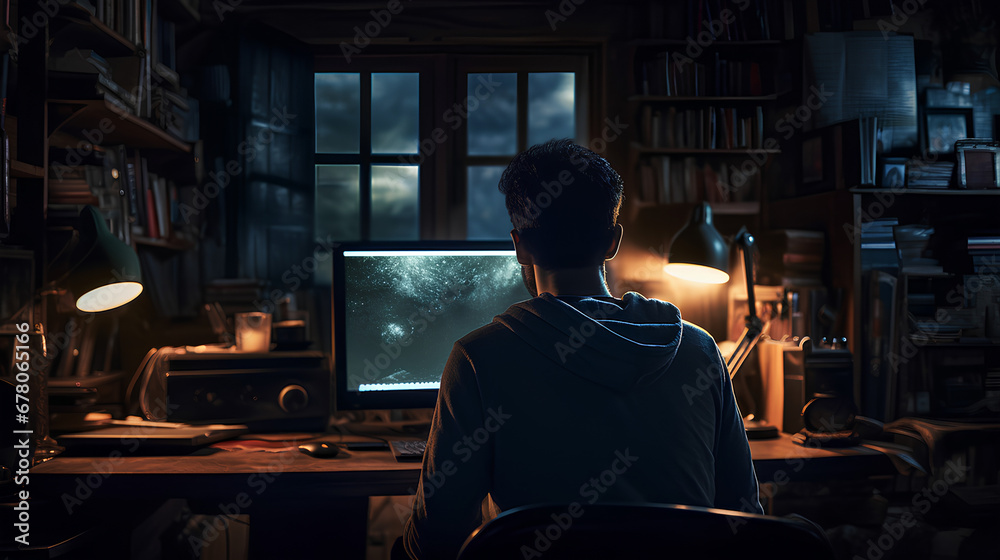masculine man working on his computer alone in the dark, looking at his ...
