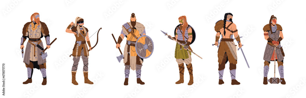 Vikings in armor with weapon set. Ancient barbarian soldiers hold sword, shield. Medieval nordic ...