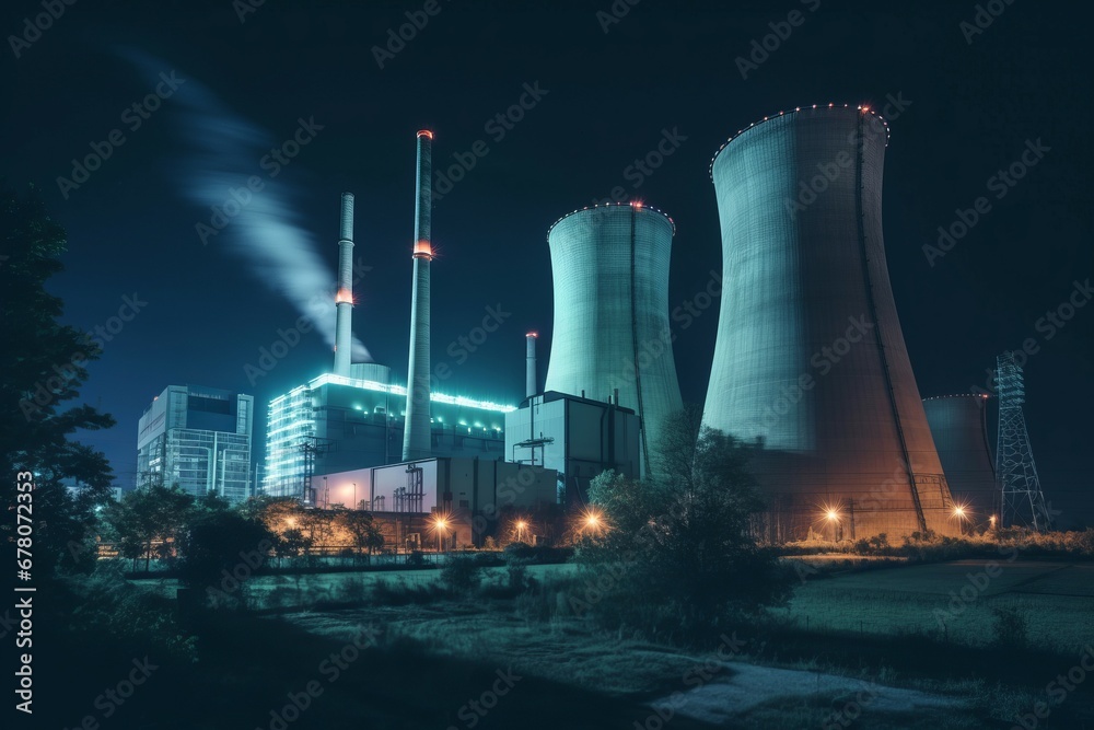 Nuclear power plant night ecology sky. Station reactor atomic fuel ...