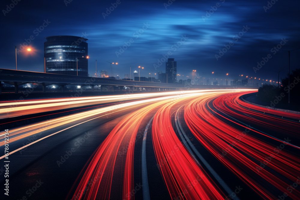 Night time traffic speeds past a junction on a motorway, aesthetic look ...