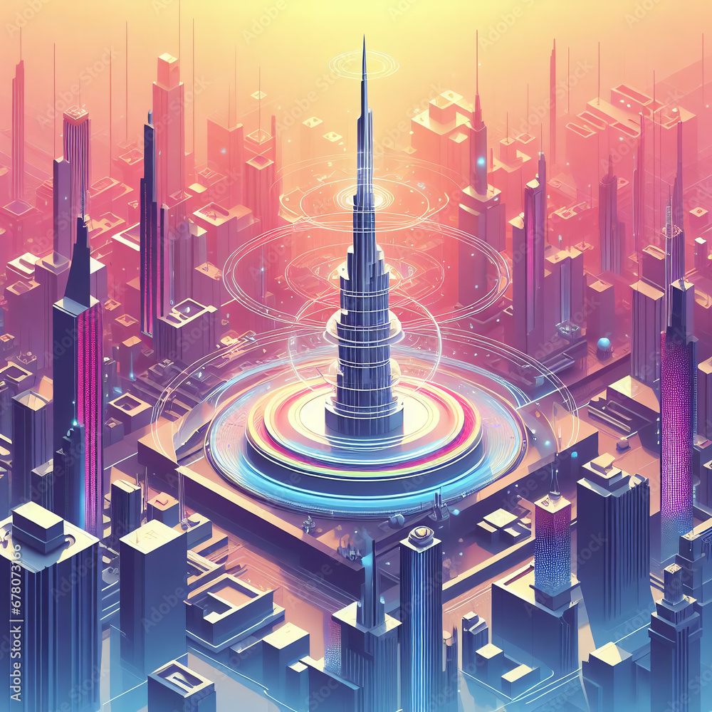 Futuristic city with a floating spire in the center, isometric design ...