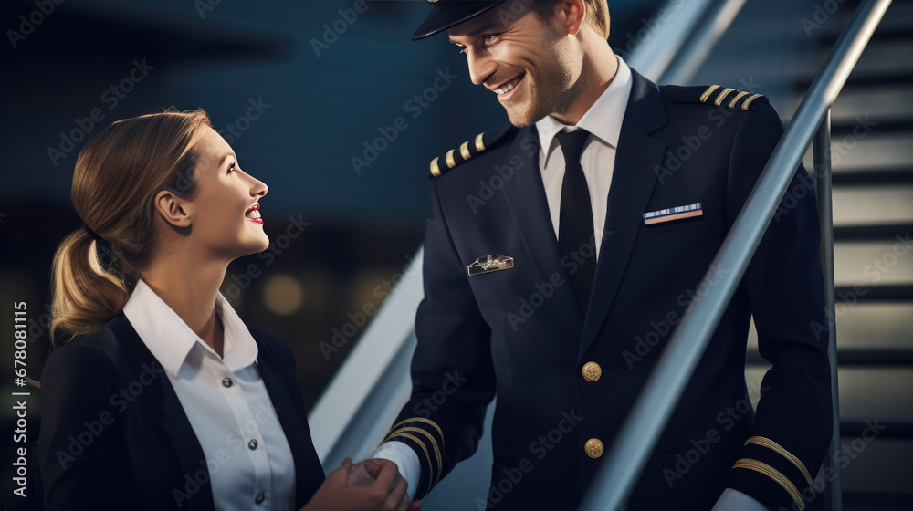 Male pilot and a female flight attendant are smiling and having a ...