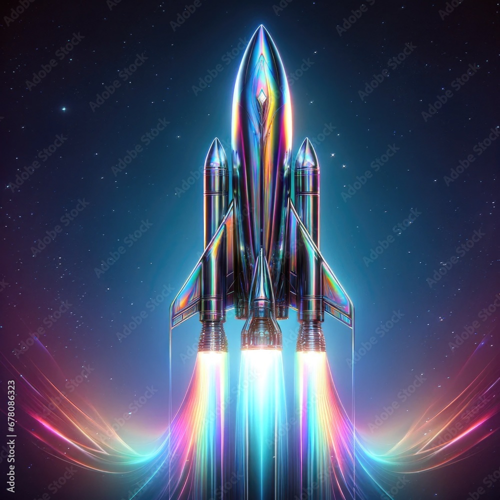 Holographic space shuttle depicted at lift-off into a starry sky ...
